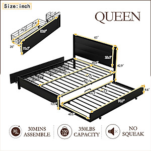 Altillo Queen Size Metal Platform Bed Frame with 2 Storage Drawers and Twin Size Trundle, Mattress Foundation with Tufted Headboard, No Box Spring Needed, Noise Free (Queen)