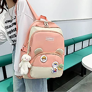 AONUOWE Kawaii Backpack Combo Set with Bear Pendant Shoulder Bag Pencil Case Teenager College Student Schoolbag Aesthetic Bookbag (Pink)