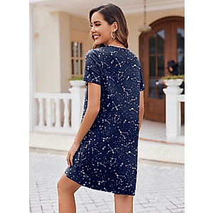 Ekouaer Women's Nightgown Button Down Nightshirt Short Sleeve Sleepshirt Soft V Neck Sleepwear Pajama Dress Navy Star XL