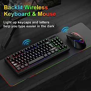 BlueFinger Wireless Gaming Keyboard and Mouse Combo, Long Lasting Rechargeable Battery 87 Keys RGB Rainbow Backlit Gaming Keyboard & Ergonomic Light Up Gaming Mice for Mac Laptop Computer PC Gamer