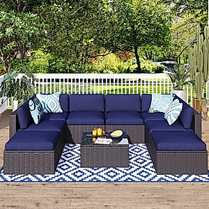 MFSTUDIO 9 Piece Patio Furniture Set,Outdoor Sectional Sofa Conversation Set with Upgrade Brown Rattan Wicker,Blue Removable Cushion&Coffee Table,Low Back Design