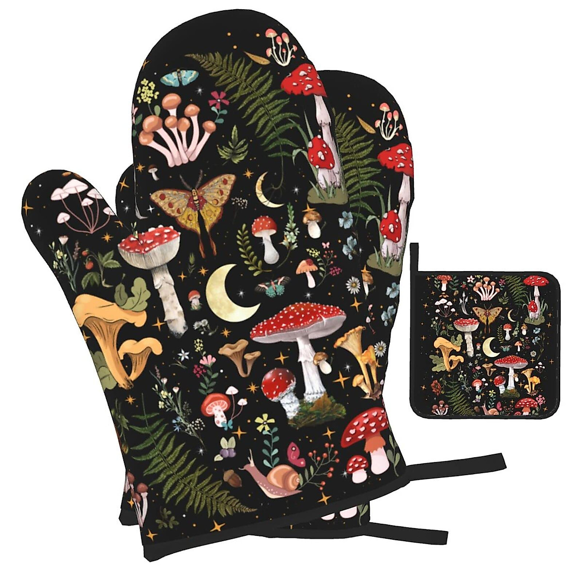 Cute Mushroom Oven Mitts and Pot Holders Sets of 3,Funny Black Gothic Witchy Gifts Heat Resistant Kitchen Mitts Non Slip Washable for Cooking Grilling Baking BBQ Kitchen Decor