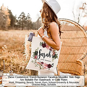 Personalized Wedding Gift Bags for Women w/Name & Text - 6 Floral Designs Customized Bridesmaid Canvas Bag Custom Flower Bride Shoulder Bachelorette Party Bridal Shower Tote C1, Beige