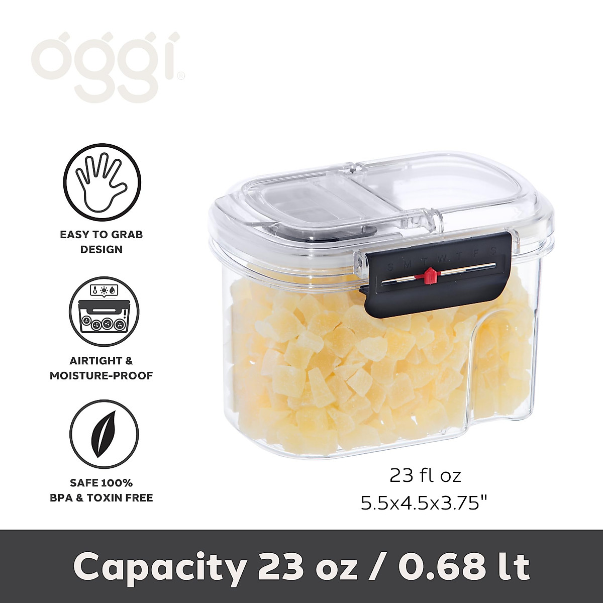 Oggi Easi Grip 23oz Moisture Proof Storage Container, Ultra Clear BPA-Free Sealable Canister, Flip Open Pouring Lid, Date Reminder Slider on Clip, Ideal Kitchen and Pantry Storage (23oz / 0.68lt)