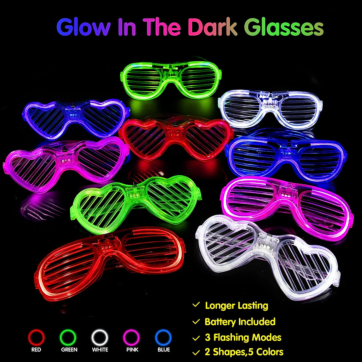 30 Pack LED Light Up Glasses - 5 Colors 2 Shapes Neon Glasses Glow in The Dark Party Supplies,Glow Party Favors for Kids Adults