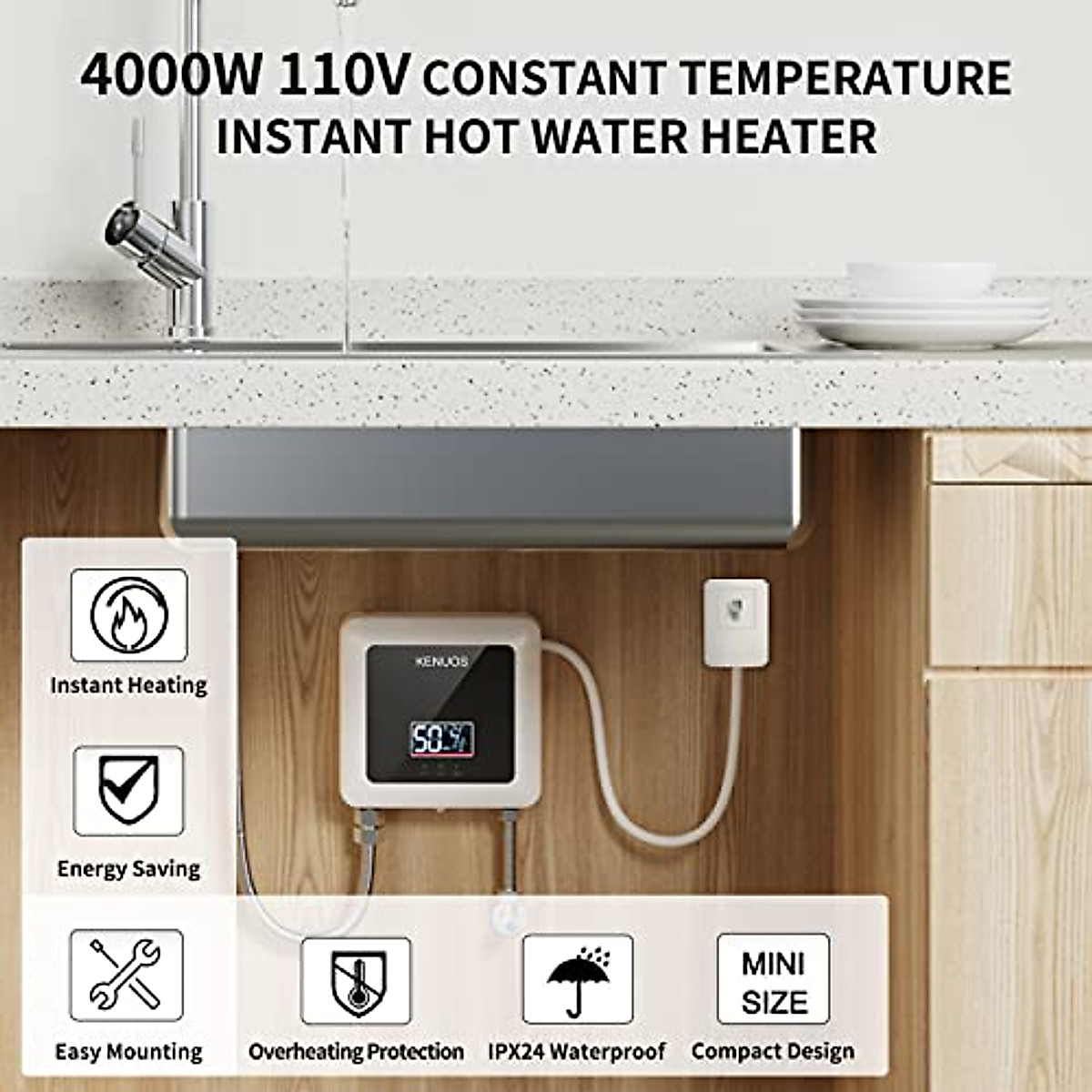 KENUOS 7500W 220V/240V Electric Tankless, Constant Temperature Instant Hot Water Heater with Remote Control Digital Display On Demand Hot Water Heater for Home Kitchen Indoor