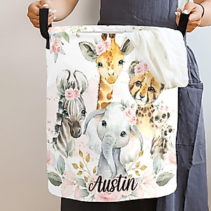 Safari Animals Floral Personalized Laundry Basket Clothes Storage with Handle Waterproof, Custom Foldable Hamper for Boys Girls Bedroom Nursery Toy