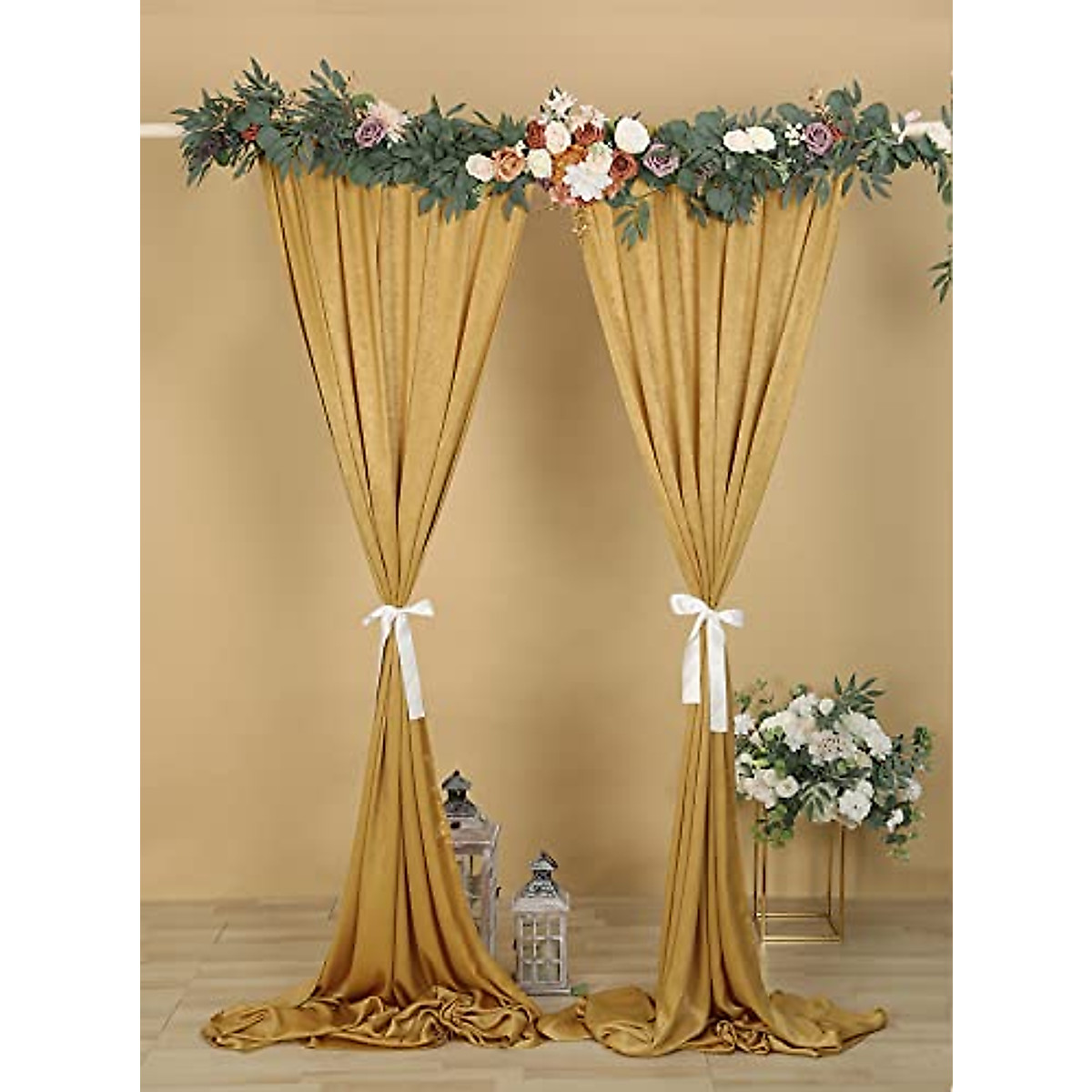 Cytdkve 2 Panels 4.8 Feet x 10 Feet Deep Gold Velvet-Like Wedding Backdrop Curtain Drapes, Silky Soft Window Curtains Panels for Wedding Ceremony Birthday Party Decorations