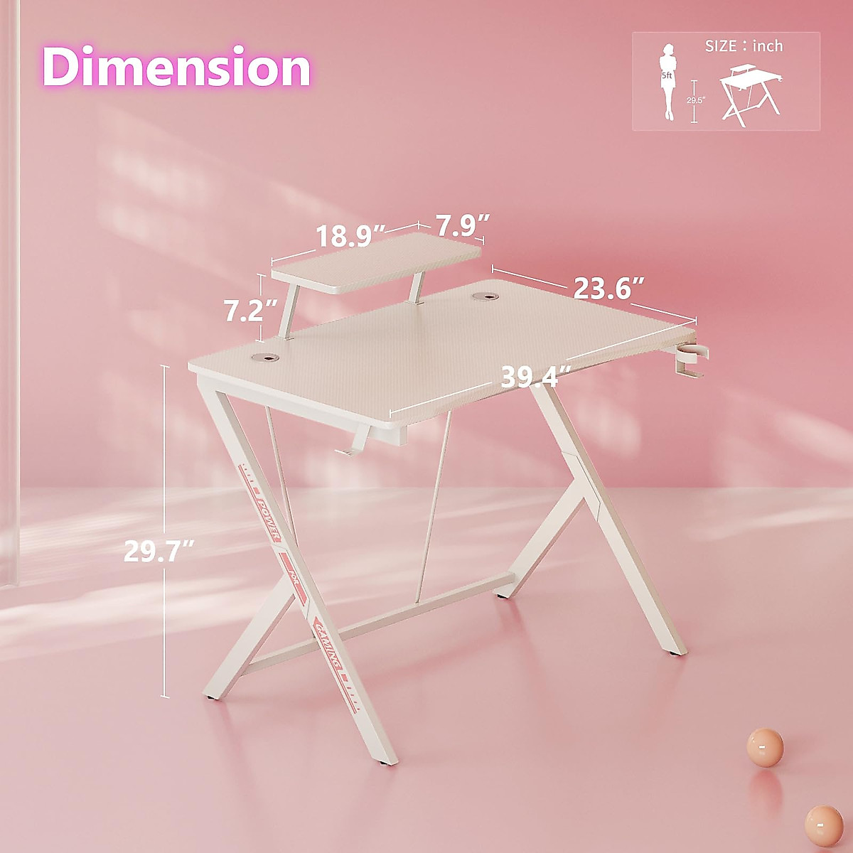 MOTPK Gaming Desk 60" with Monitor Shelf Gaming Table Desk for Girls Home Computer Desk with Cup Holder and Headphone Hook Gamer Workstation Game Table, Pink