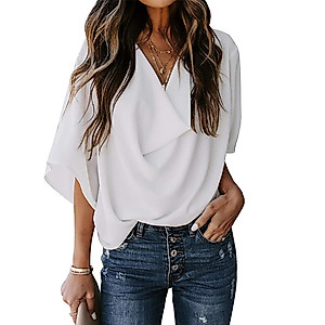 Janepam Womens Tops Shirt Chiffon Solid Color Plain 3/4 Sleeve Long Sleeve Batwing Plus Size V-Neck Loose Baggy Oversized Blouse(A White,M)