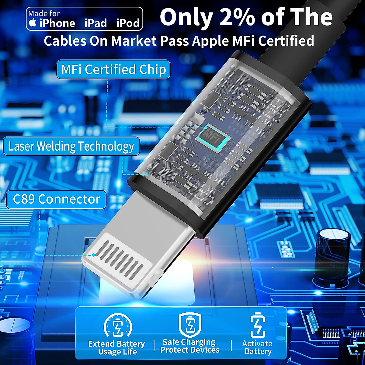 iPhone Fast Car Charger, [Apple MFi Certified] 66W Fast Car Charging Cigarette Lighter USB Car Adapter with Built-in 6FT Coiled Lightning Cable for Apple iPhone 15/14/13/12/11/Xs/XS Max/XR/X/8/7, iPad