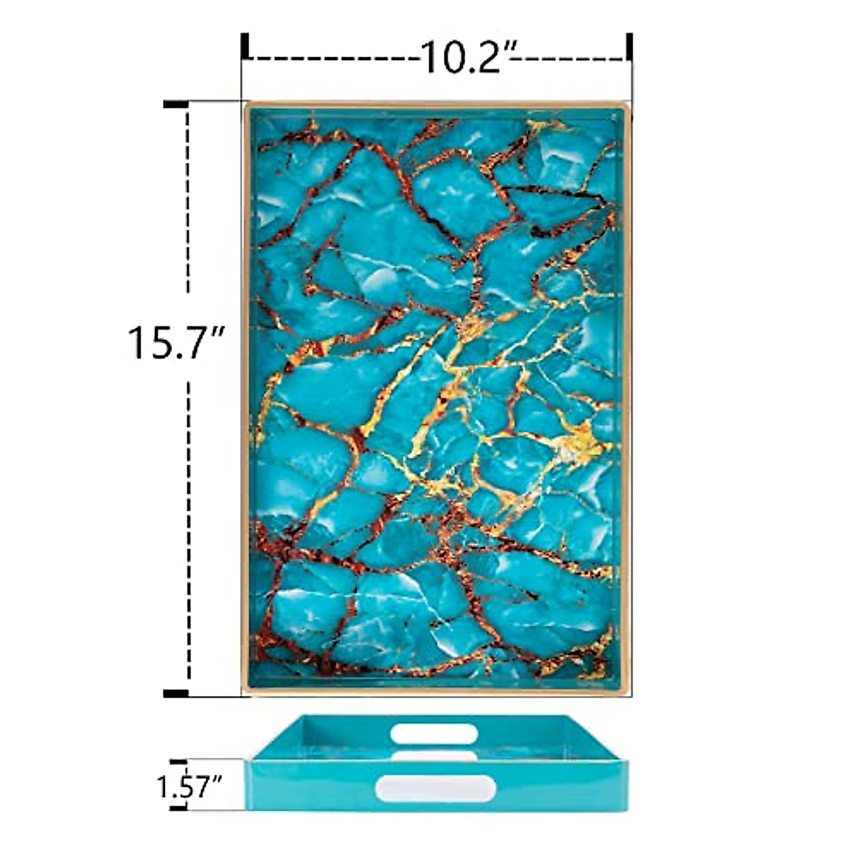 MAONAME Blue Decorative Tray, Plastic Serving Tray with Handles, Coffee Table Tray with Tempered Glass Film, Rectangle Ottoman Tray for Living Room, Bathroom, 15.7” x 10.2”