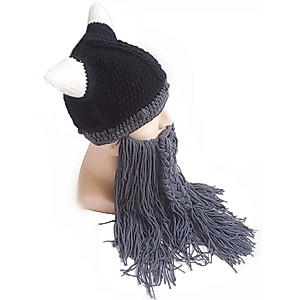 Funny Knit Hat Creative Beanie Beard Original Barbarian Knit Beard Hat Halloween Caps Beard Facemask (Long Grey)