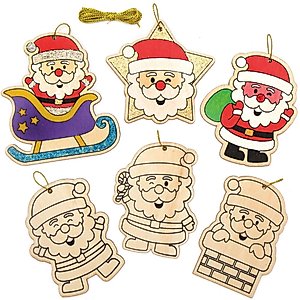 Baker Ross AX420 Jolly Santa Wooden Decorations - Pack of 12, Christmas Decorations for Kids to Decorate and Display, Ideal Kids Arts and Crafts Project