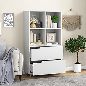 Giantex 51" Tall Bookcase with 2 Drawers, 4-Tier Open Bookshelf with 4 Storage Cubes, Modern Display Shelf with Anti-Toppling Devices, Freestanding Wooden Storage Shelf for Home Office, White