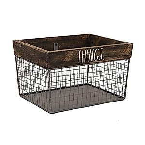 Rae Dunn by Designstyles Wire Storage Basket – Metal and Solid Wood Organizer – Decorative Folder Bin - for Office, Bedroom, Living Room, Closet and More