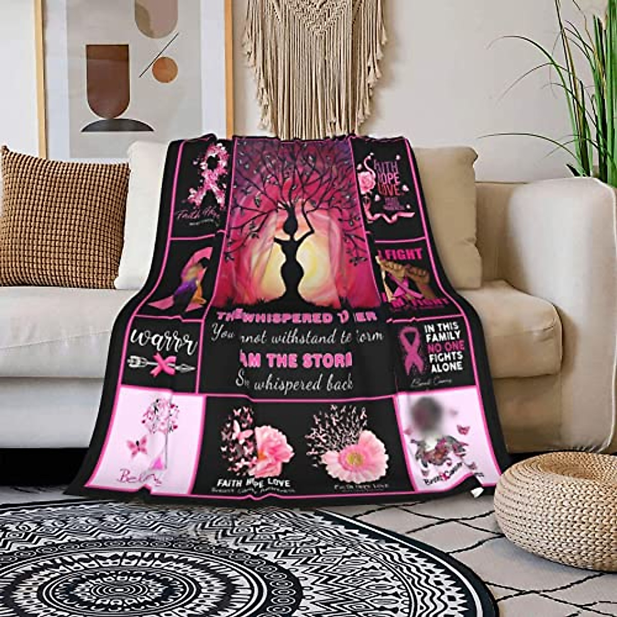 CIQYECN Breast Cancer Awareness Blanket, Pink Ribbon Awareness Faith Hope Love Gifts, Breast Cancer Survivor Gifts for Women Girls,Healing Get Well Throw Blankets,Fight Cancer Gift for Her 60"x 50"