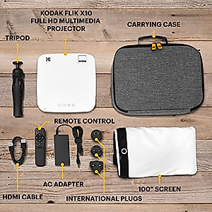 KODAK FLIK X10 Full HD Multimedia Projector Kit | 1080p Mini Compact Portable Home Theater System Bundle with 100” Projection Screen, Remote Control, Tripod Stand, HDMI Cable, Hooks & Carry Case