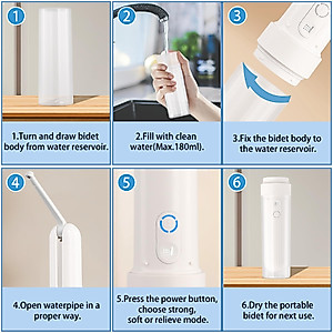 Portable Bidet for Travel, High Pressure USB Rechargeable Handheld Bidet with 3 Spray Modes, Electric Water Sprayer Toilet for Men and Women, Personal Hygiene and Postpartum Care 180ML White