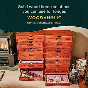 16-Drawer Wooden Storage Box (19.6”x6.89”x19.6”) VIntage Filing Cabinet in Walnut Wood - 16-Slot Wooden Desk Drawer Unit w/Label Holders & Handles - Multi Level Countertop Drawer Organizer