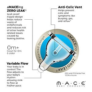 aMACEing Zero Leak® Baby Bottle with Anti-Colic Vent and Variable Flow, Leak-Proof 7oz (Blue)