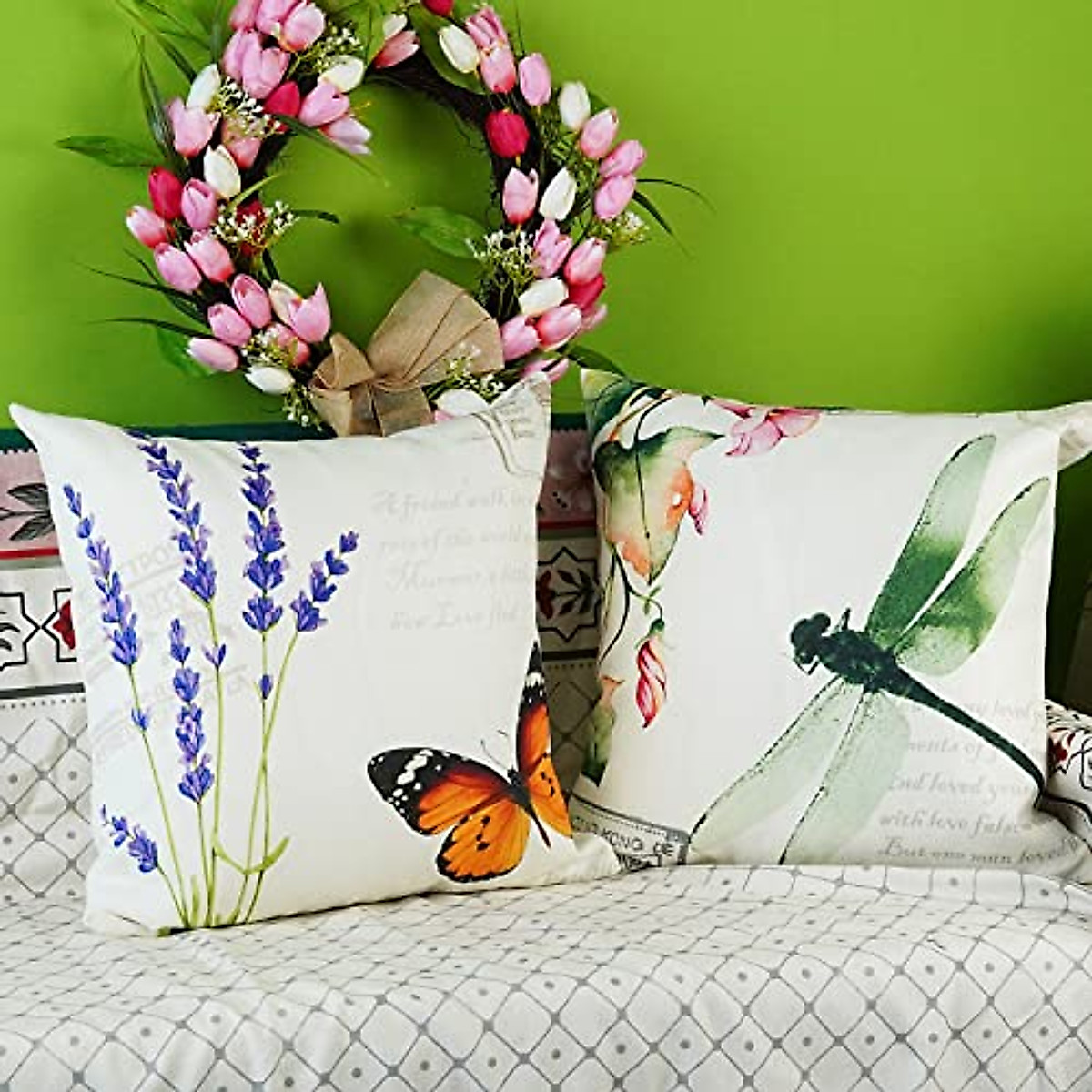 ONWAY Spring Summer Throw Pillow Covers 20x20 Inch Set of 4 Bee Butterfly Decorative Farmhouse Throw Cushion Cover Outdoor Pillows for Couch Sofa Patio Furniture Porch