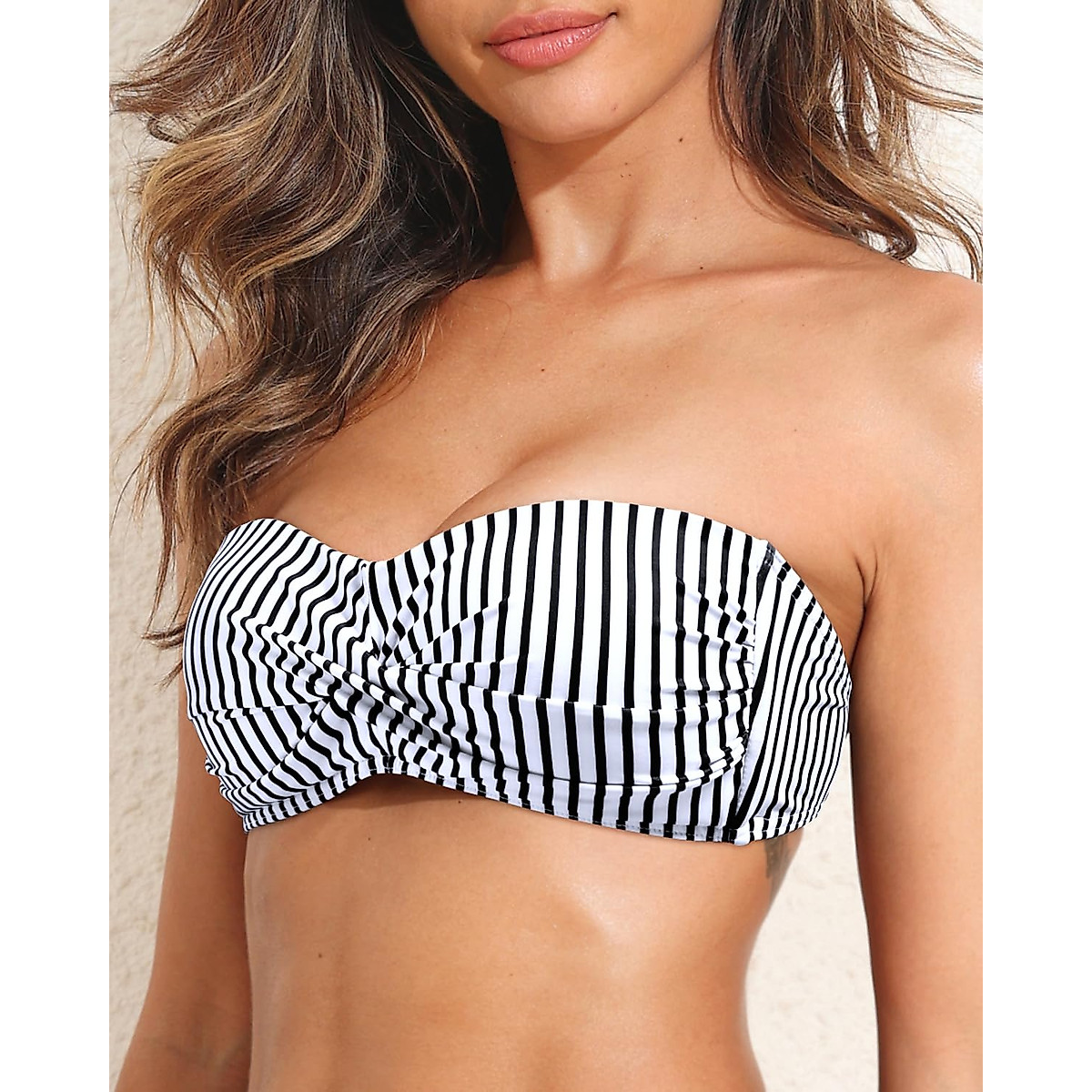 Tempt Me Women Black White Stripe Twist Bandeau Bikini Top Strapless Swimsuit Top Only M
