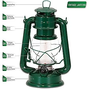 2-Pack Vintage Style Lantern (Green) with 12 LED's and 150 Lumen Light Output and Dimmer Switch, Battery Operated Hanging Lantern for Indoor and Outdoor Usage (Green)