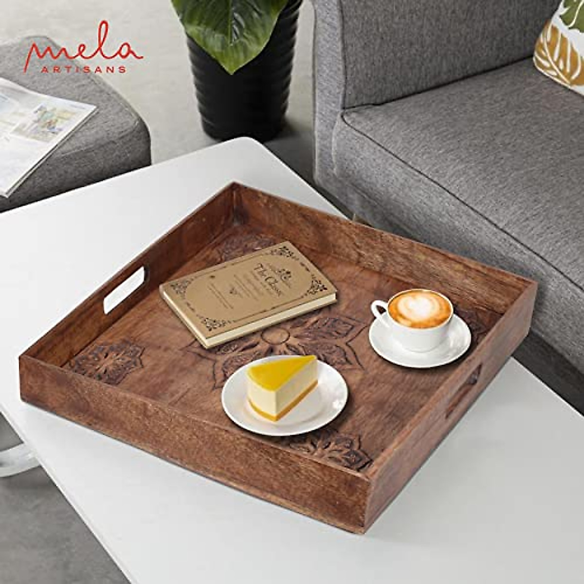 Mela Artisans TV Ottoman Wooden Serving Tray - Medium Polish | Decorative Mango Wood | Rustic Farmhouse Decor | Use to Serve Breakfast in Bed | Transports Food, Coffee and Tea | 19" x 19” x 2.5”