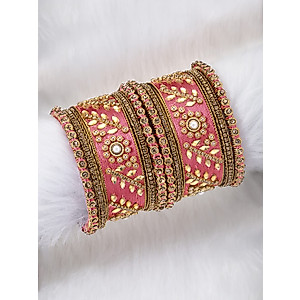 Aheli Traditional Wedding Designer Silk Thread Faux Stone Studded Bridal Bangle Set Chuda Indian Ethnic Bollywood Fashion Jewelry for Women (Pink)