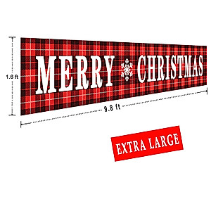 Large Merry Christmas Banner, Red Buffalo Plaid Yard Christmas Banner, Christmas Decorations for Outdoor Indoor, Xmas Party Decoration Supplies (9.8 x 1.6 feet)