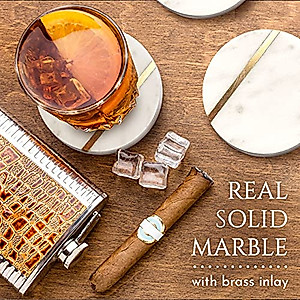 Marble Coasters for Drinks , Gold Coasters Set of 6 with Gold Holder , 4" Wide Modern Round Table Coasters with Gold Brass Inlay , Gold Coasters Made from Real Solid Marble , Porta Vasos