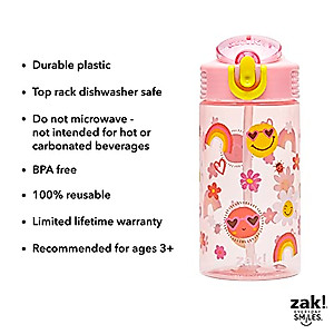 Zak Designs Kids Water Bottle For School or Travel, 16oz Durable Plastic Water Bottle With Straw, Handle, and Leak-Proof, Pop-Up Spout Cover (Sunny Smiles)