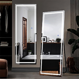 DaNeti 63"x16" LED Floor Mirror Aluminum Alloy Frame Right Angle Full Length Mirror with Bracket,Slive
