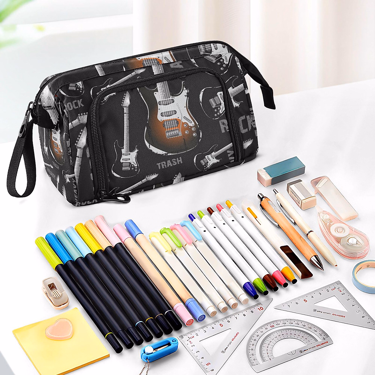 Fisyme Music Rock Pencil Case Large Capacity Pencil Pouch Pen Bag Box Big Makeup Pencil Case Organizer