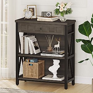 FATORRI Rustic Bookshelf with Drawer, Industrial Wood and Metal Bookcase, Small Book Shelf and Low Book case for Small Space (Walnut Brown)