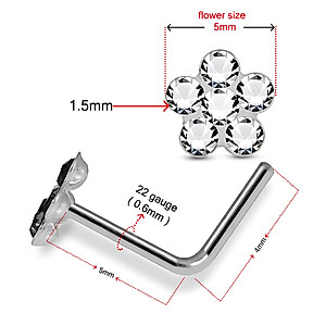 20 Pieces Box Set of Mix Colored Multi Crystal Stone Flower Top 22 Gauge 925 Sterling Silver L Shape Nose Stud