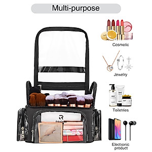 NAONAYA Makeup Brush Case, Large Makeup Brush Holder Professional Makeup Artist Travel Case Clear Waterproof Cosmetic Organizer Bag, Full Open Easy to Access, with Adjustable Strap and Dividers