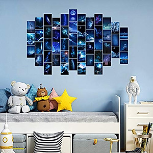 HZSYF Blue Photo Wall Collage Kit - Galaxy Stars Wall Art Space Posters Pictures Aesthetic Room Decor for Boys Girls Bedroom Dorm Nature Nebula Starry Night Universe Artwork 50 Set 4x6inch UNFRAMED