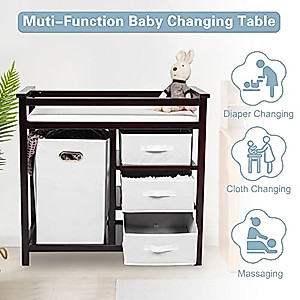 Baby Changing Table - Changing Station with Laundry Hamper, 3 Storage Baskets, and Pad, Multi Storage Nursery Changing Table for Infants or Babies (Dark Brown)
