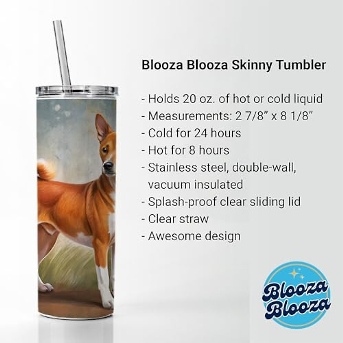 Basenji Dog Illustration Skinny Tumbler 20oz with Straw Insulated Water Bottle Gift