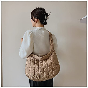 Puffer Bag Quilted Down Cotton Padding Shoulder Bag for Women Large Puffy Tote Bag Autumn Winter Lightweight Crossbody Handbag (Khaki)