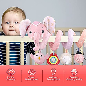 JERICETOY Baby Car Seat Toys Stroller Toys Crib Toys Infant Activity Spiral Plush Toys Hanging Stroller Toys for Baby Car Seat Stroller Bar Crib Bassinet Mobile with Music Squeaker Rattles (Elephant)