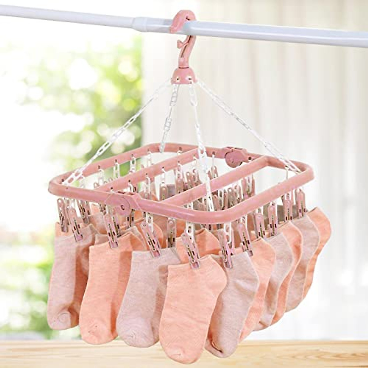 Clip and Drip Hanger Clothes Drying Hanger with 32 Clips and Drip Foldable Hanging Rack Underwear Hanger Clothespin Hanger Rack for Socks Clothes