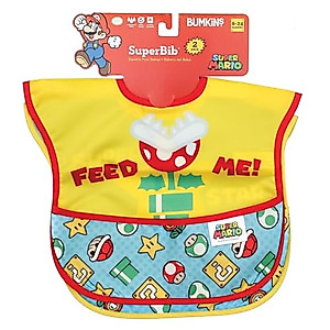 Bumkins Nintendo Bibs for Girl or Boy, SuperBib Baby and Toddler for 6-24 Months, Essential Must Have for Eating, Feeding, Baby Led Weaning, Waterproof Soft Fabric, 2-pk Super Mario Expressions