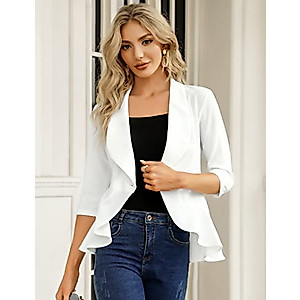 KOJOOIN Womens Casual Blazer 3/4 Sleeve Open Front Ruffle Work Office Cardigan Suit Jacket White XL