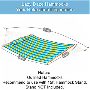 Lazy Daze Hammocks 12FT Quilted Fabric Hammock with Pillow, Double 2 Person Hammock with Spreader Bar for Outdoor Outside Patio Garden Yard Pool Beach QFH009