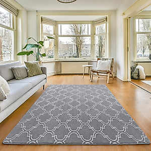 Amearea Fluffy Indoor Area Rug, Soft Trellis Moroccan Rugs for Bedroom, Shag Modern Area Rug for Living Room Kids Room Nursery, Easy Clean, Geometry Home Decor Low Pile Carpet, Light Gray 5x7 Feet