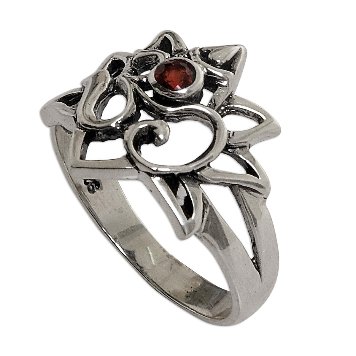 NOVICA Artisan Handmade Garnet Cocktail Ring .925 Sterling Silver from Indonesia Red Thought Meditation Yoga Birthstone Spiritual Inspirational 'Jeweled Om'