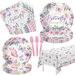 HIPVVILD Butterfly Baby Shower Decorations - A Little Butterfly Is On The Way Party Supplies, Plate, Napkin, Tablecloth, Fork, Pink Floral Butterfly Baby Girl Table Decorations Tableware | Serve 24